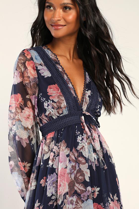 Dark Blue Mini Dress - Floral Dress - Long Sleeve Mini Dress - Lulus