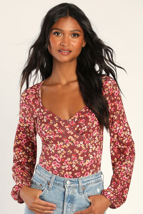 Burgundy Floral Print Bodysuit Balloon Sleeve Bodysuit Lulus