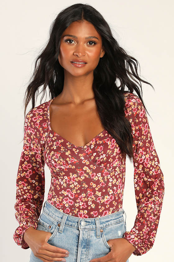 Burgundy Floral Print Bodysuit - Balloon Sleeve Bodysuit - Lulus