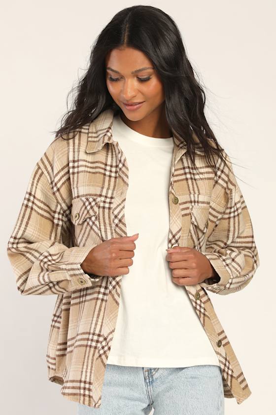 Beige and Brown Shacket - Plaid Shacket - Oversized Shacket - Lulus