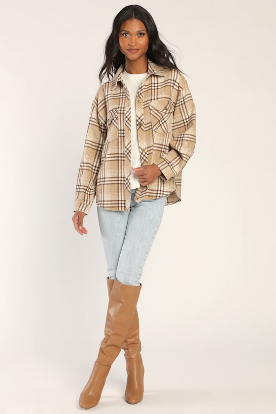 Beige and Brown Shacket - Plaid Shacket - Oversized Shacket - Lulus