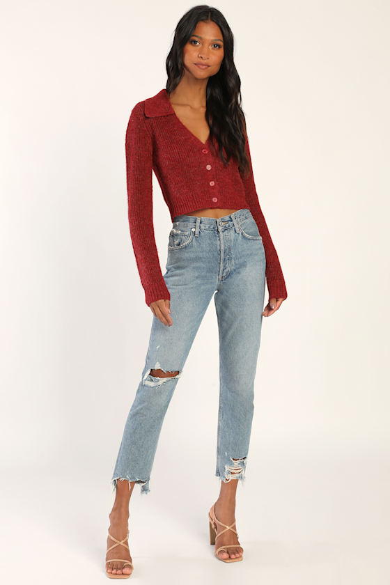 Cute Red Sweater Top - Cropped Cardigan - Button-Up Sweater - Lulus