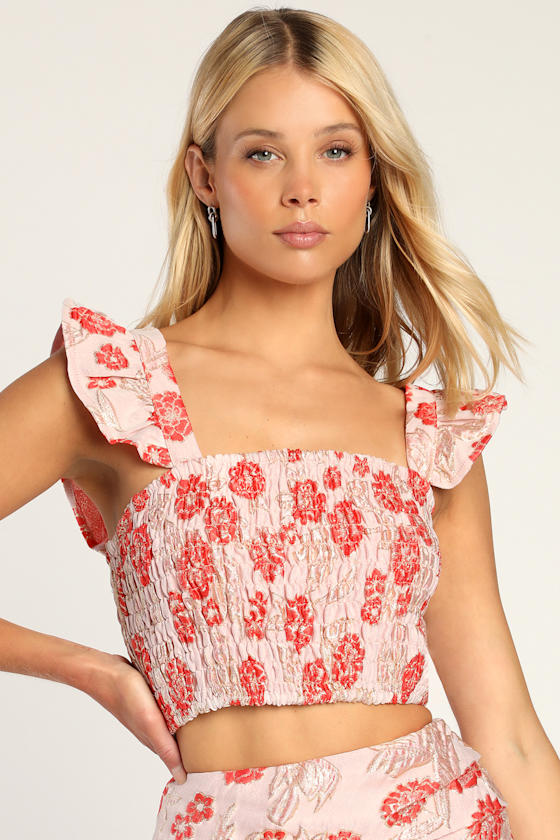 Blush Pink Smocked Top - Metallic Jacquard Top - Gold Floral Top - Lulus