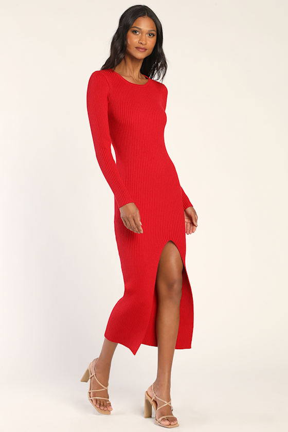 Red Midi Dress - Ribbed Knit Dress - Midi Sweater Dress - Lulus