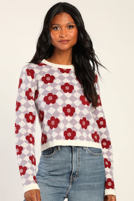 Lilac Floral Sweater - Checkered Sweater - Cute Pastel Sweater - Lulus