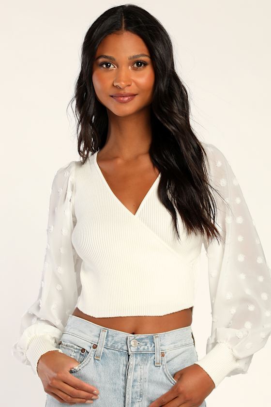 Ivory Ribbed Top - Balloon Sleeve Top - Ivory Swiss Dot Top - Lulus