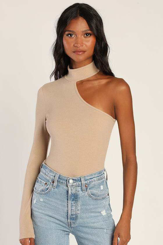 Beige One-Shoulder Top - Mock Neck Top - Women's Tops - Lulus