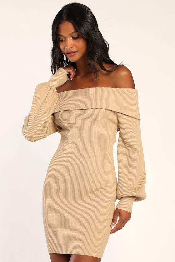 Beige Sweater Dress - Mini Bodycon Dress - Off-the-Shoulder Dress - Lulus