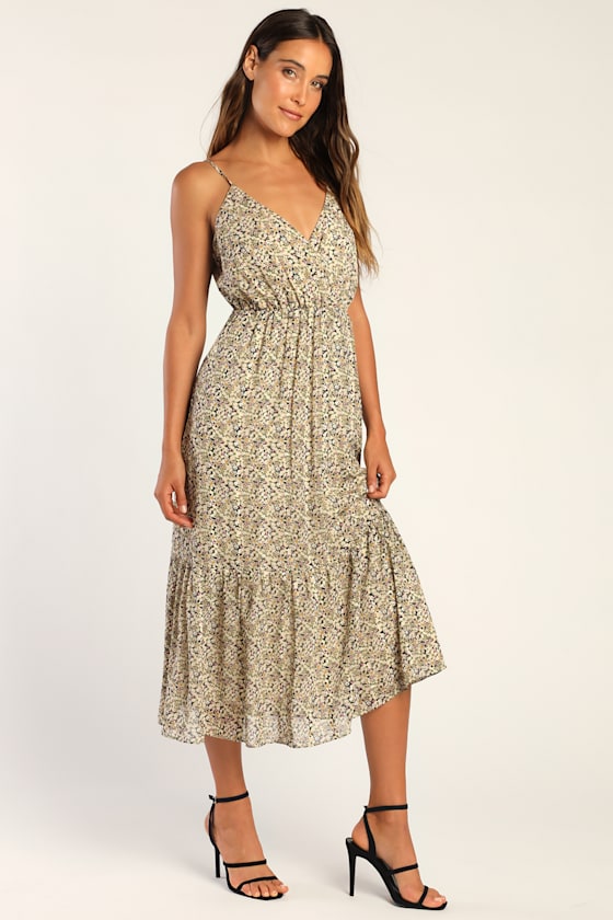 Green Multi Print Dress - Surplice Midi Dress - Sleeveless Dress - Lulus