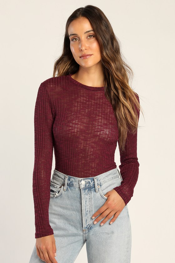 Free People Aura Layering Top Wine Long Sleeve Top Sheer Top Lulus