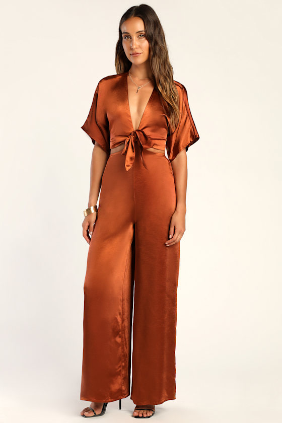 Rust Brown Jumpsuit - Two-Piece Jumpsuit - Tie-Front Jumpsuit - Lulus