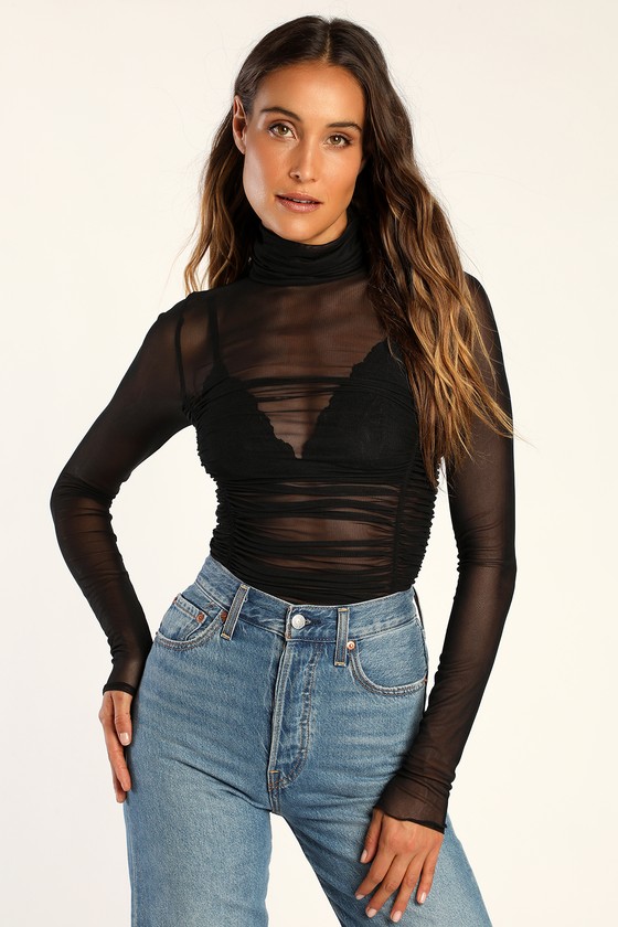 Free People Under It All Black Long Sleeve Bodysuit Sheer Top Lulus