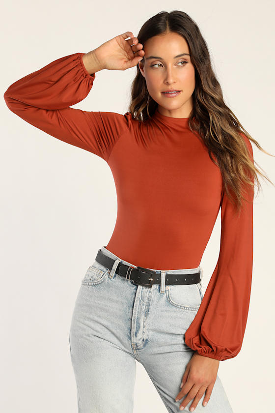 Rust Orange Bodysuit - Funnel Bodysuit - Long Sleeve Bodysuit - Lulus
