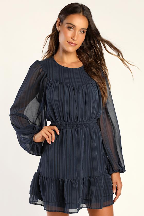 Navy Blue Dress - Long Sleeve Dress - Tiered Mini Dress - Lulus
