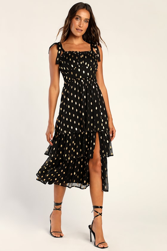 Black Polka Dot Dress - Tiered Midi Dress - Tie-Shoulder Dress - Lulus