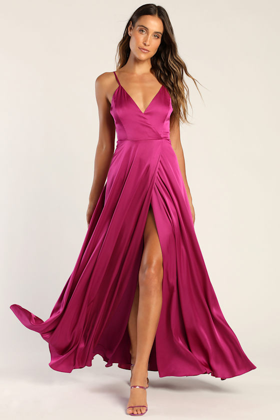 Gorgeous Magenta Dress - Surplice Gown - Satin Maxi Dress - Lulus
