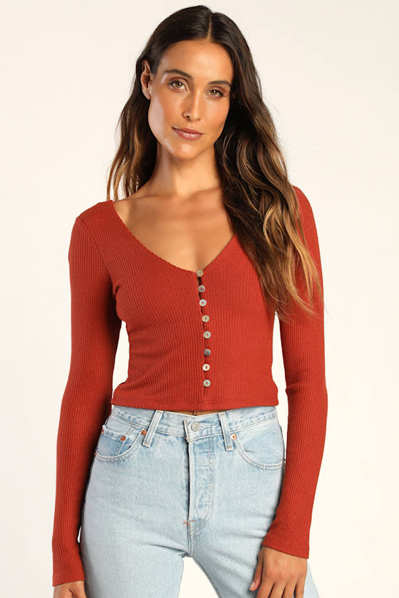 Cute Rust Orange Top - Long Sleeve Top - Button-Up Top - Crop Top - Lulus