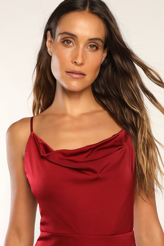 Wine Satin Maxi Dress Red Bridesmaid Dress Cowl Neck Dress Lulus