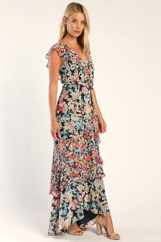 Pretty Green Floral Dress - Maxi Dress - Surplice Maxi Dress - Lulus