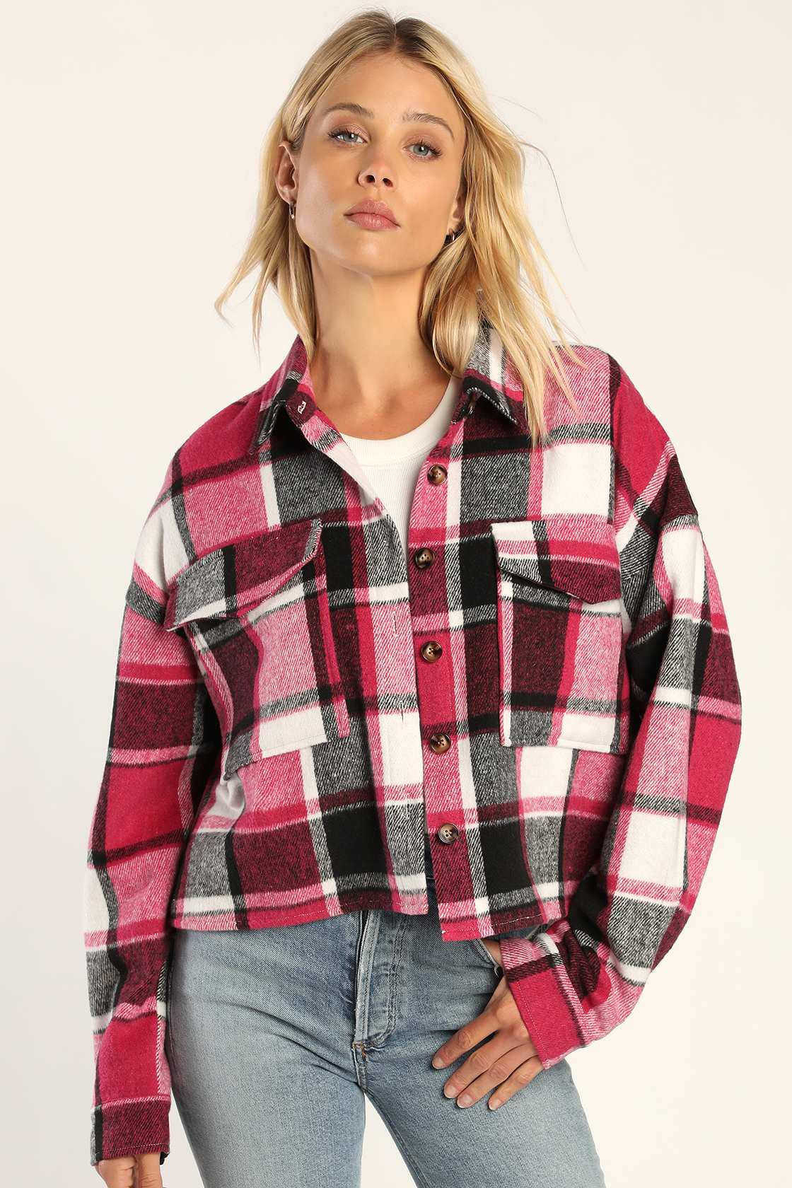 Magenta Plaid Shaket - Cropped Shacket - Women's Jacket - Lulus