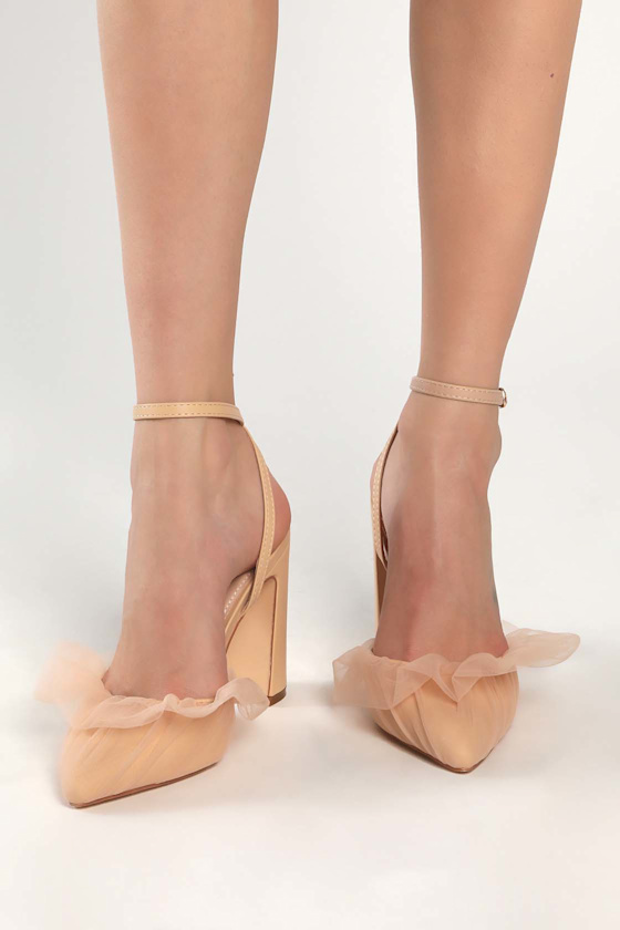 Nude Tulle Heels - Pointed-Toe Pumps - Ankle Strap High Heels - Lulus
