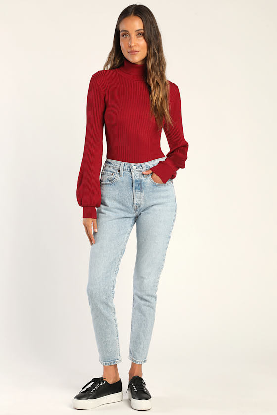 Wine Red Turtleneck Top - Balloon Sleeve Top - Ribbed Knit Top - Lulus