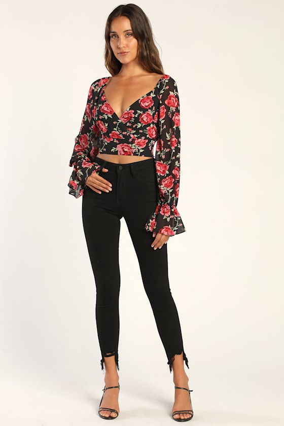 Sultry Black Floral Top - Surplice Top - Long Sleeve Crop Top - Lulus