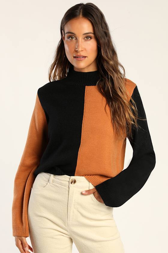 Black and Brown Sweater - Color Block Sweater - Mock Neck Sweater - Lulus