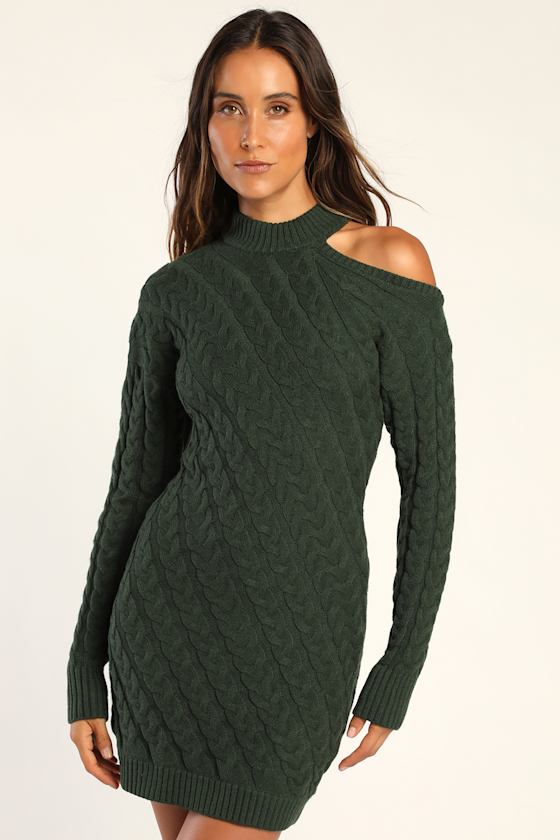 Forest Green Dress - Long Sleeve Dress - Cable Knit Sweater Dress - Lulus