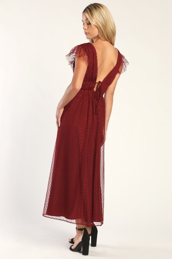 Burgundy Midi Dress Red Swiss Dot Dress Ruffled Midi Dress Lulus