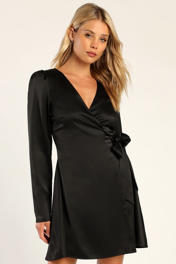 Black Satin Dress Long Sleeve Mini Dress Mini Wrap Dress Lulus