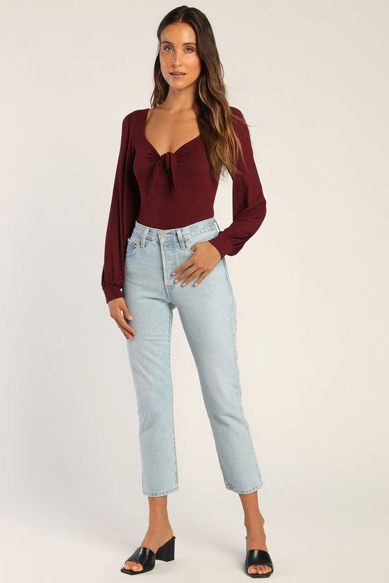 Long Sleeve Bodysuit Tie Front Bodysuit Burgundy Bodysuit Lulus