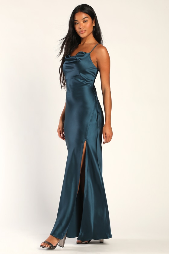 Teal Blue Satin Dress Satin Maxi Dress Cowl Neck Maxi Dress Lulus