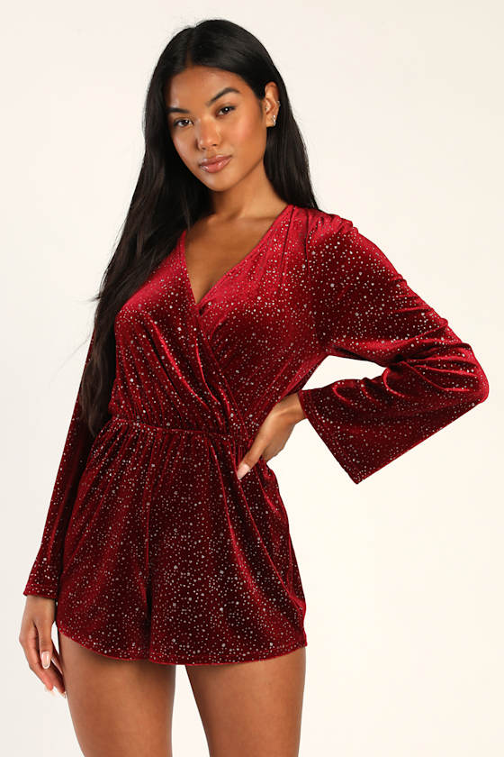 Wine Red Romper - Glitter Romper - Long Sleeve Velvet Romper - Lulus