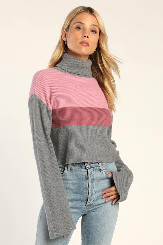 Color Block Sweater - Turtleneck Sweater - Cropped Grey Sweater - Lulus