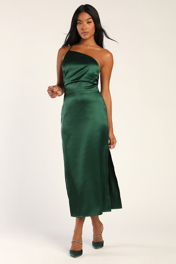 Green Satin Dress - Asymmetrical Cowl Dress - Satin Midi Dress - Lulus