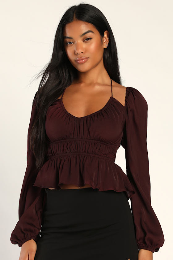 Plum Purple Top - Long Sleeve Satin Top - Peplum Crop Top - Lulus