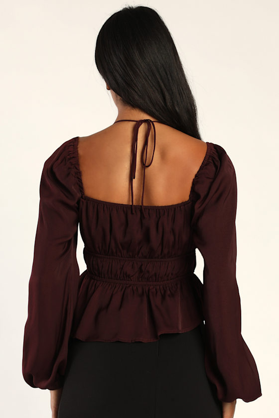 Plum Purple Top - Long Sleeve Satin Top - Peplum Crop Top - Lulus