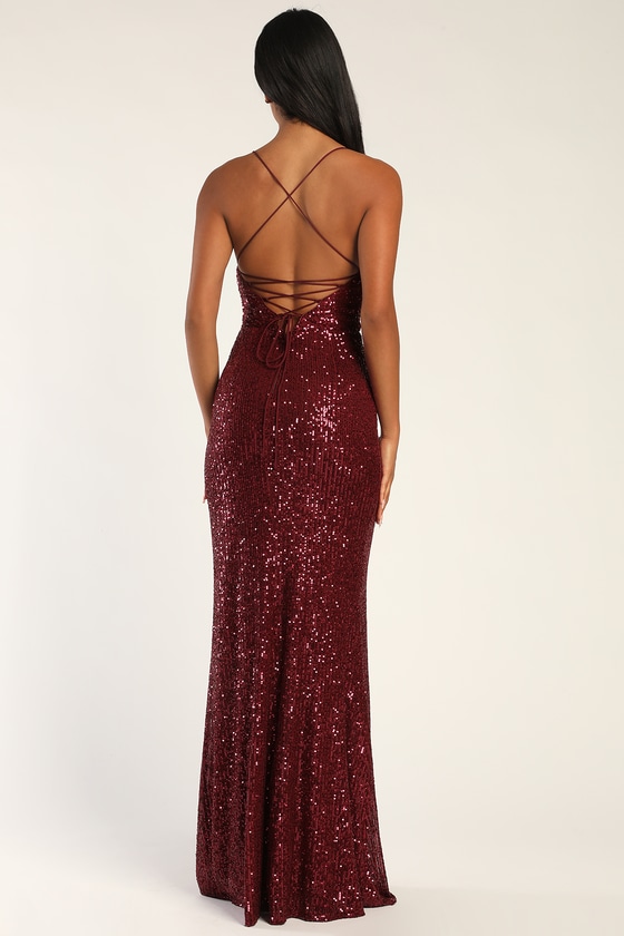 Burgundy Sequin Dress Lace Up Maxi Dress Sequin Mermaid Dress Lulus