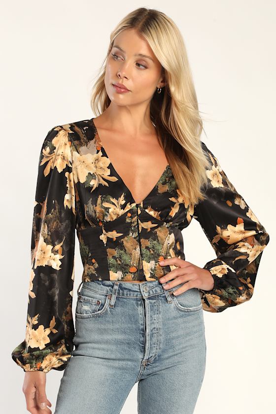 Black Floral Print Top - Black Satin Top - Corset Top - Satin Top - Lulus