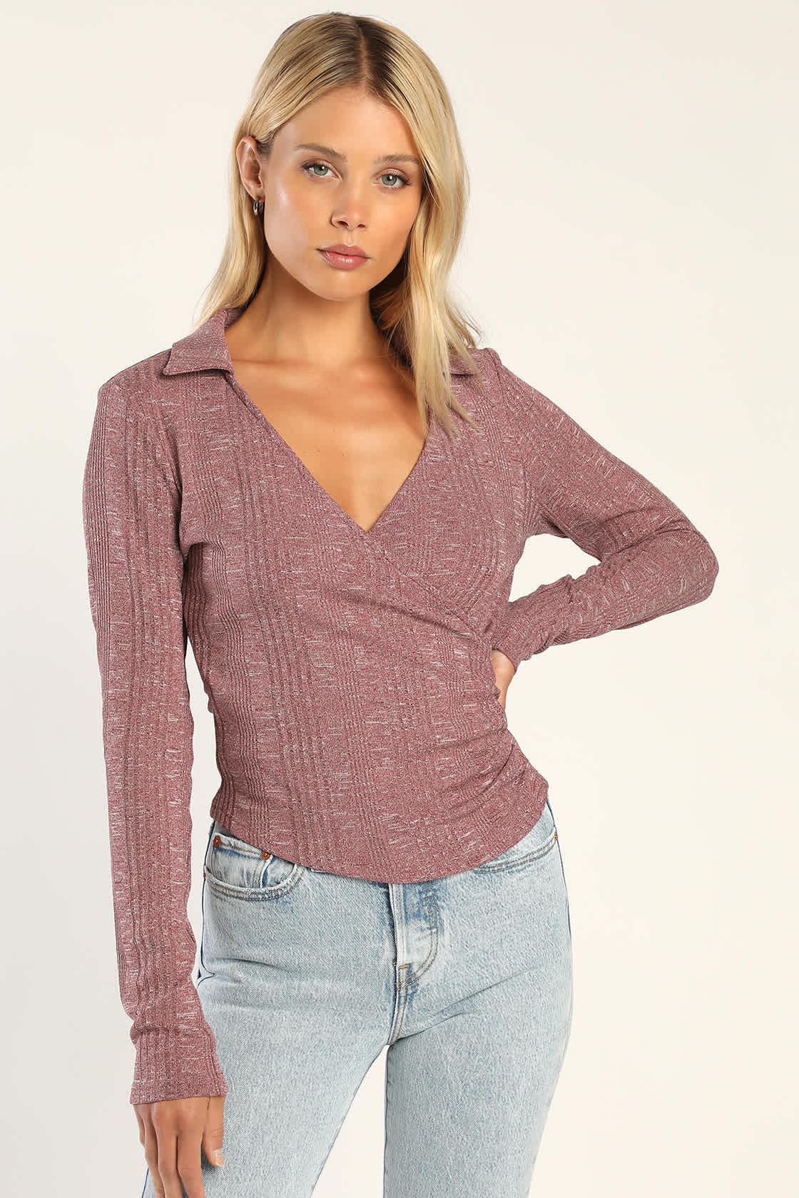 Cute Burgundy Heather Top - Long Sleeve Top - Collared Top - Lulus
