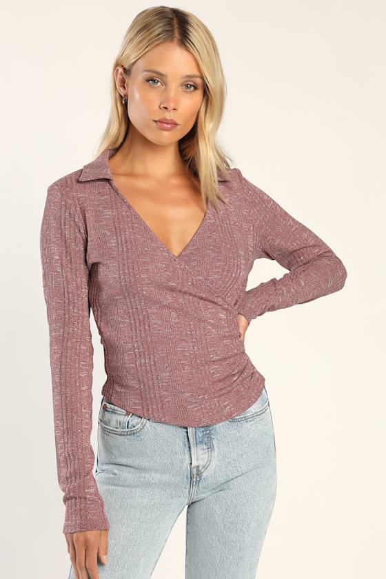 Cute Burgundy Heather Top - Long Sleeve Top - Collared Top - Lulus