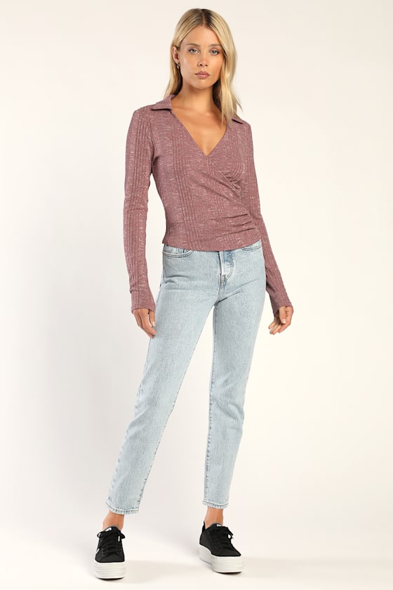 Cute Burgundy Heather Top - Long Sleeve Top - Collared Top - Lulus
