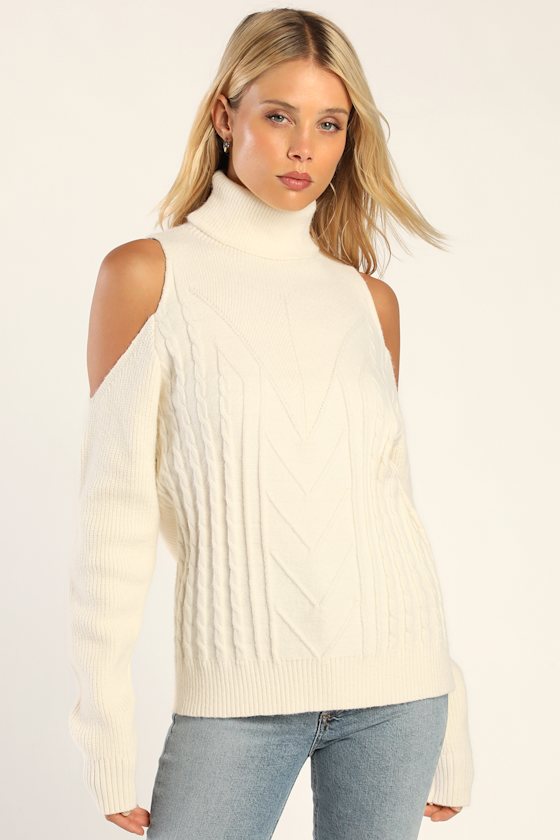 Ivory Cable Knit Sweater - Cold-Shoulder Sweater - Turtleneck Top - Lulus