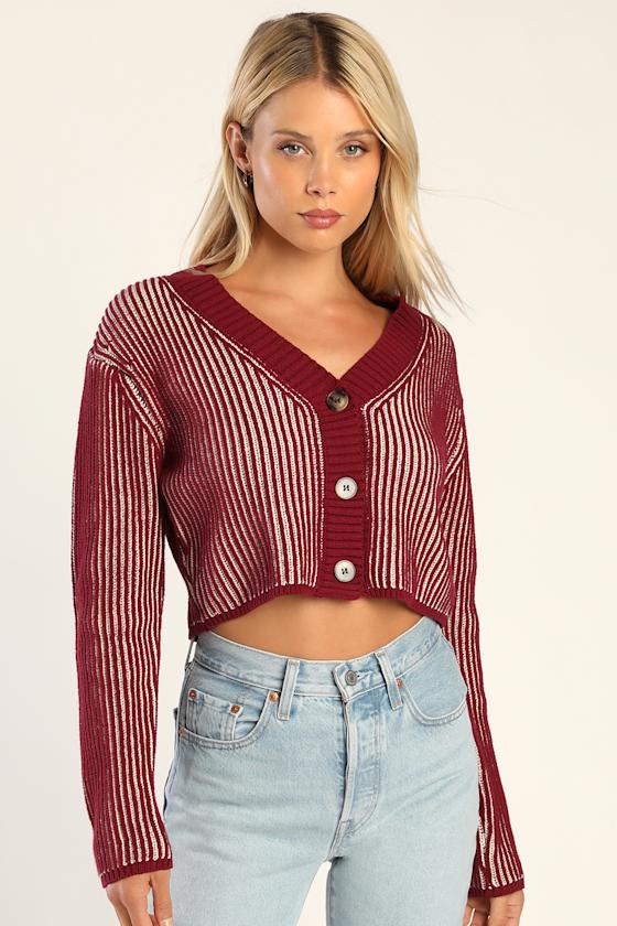 Wine Red Striped Cardigan - Ribbed Cardigan - Cropped Cardigan - Lulus