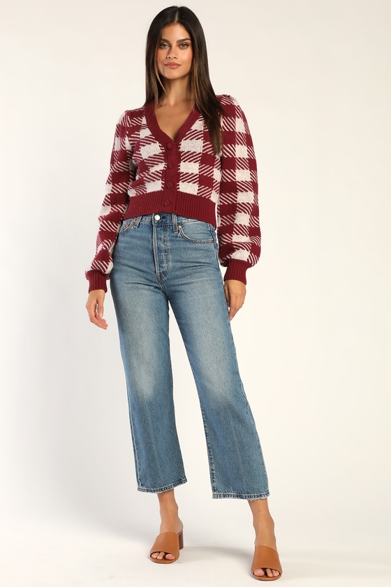 Burgundy Checkered Sweater Button Up Cardigan Sweater Sweater Lulus