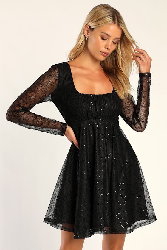 Black Lace Skater Dress - Sequin Mini Dress - Long Sleeve Dress - Lulus