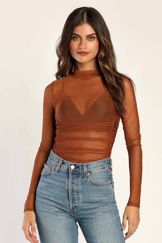 Rust Brown Sheer Bodysuit - Mesh Bodysuit - Mock Neck Bodysuit - Lulus