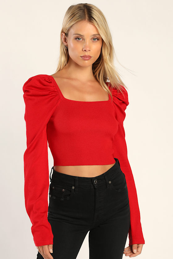 Red Crop Top - Puff Shoulder Crop Top - Red Long Sleeve Top - Lulus