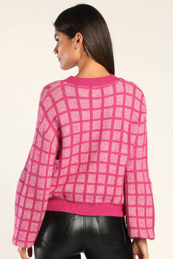 Magenta Sweater - Grid Pattern Sweater - Checkered Sweater - Lulus